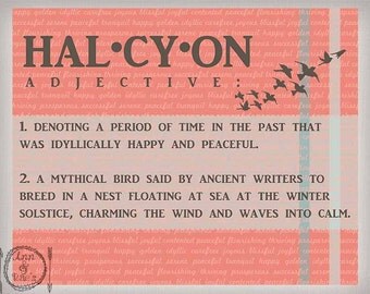 8x10 Art Print - Word Definition of Halcyon - Pink and Gray Word Art