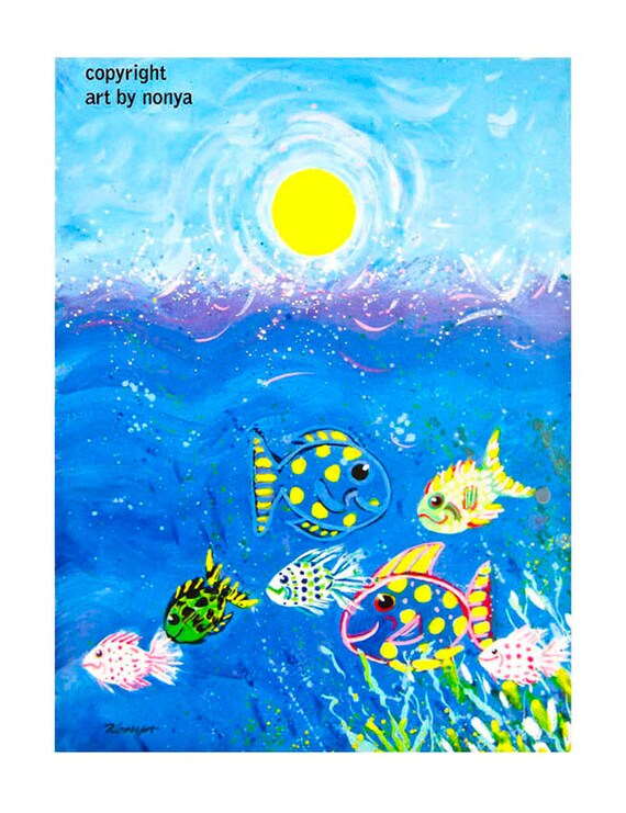 Happy Fish in the Ocean. Whimsical art print. How by artbynonya