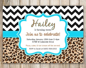 Leopard Turquoise Chevron Birthday Invitation, 1st Birthday Invitation ...