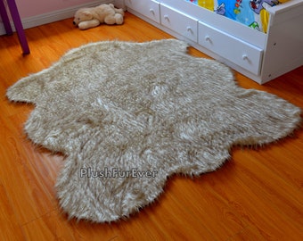 60" x 72" Russian Wolf Faux Fur Chubby Sheep Shape Exotic Faux Fur Rug ...