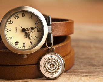 Leather watch, three laps wrist watch, vintage compass watch, anrique ...
