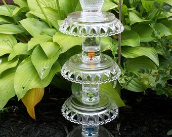 Glass Garden Art - Heart Colored Glass Decor, Upcycled Yard Art