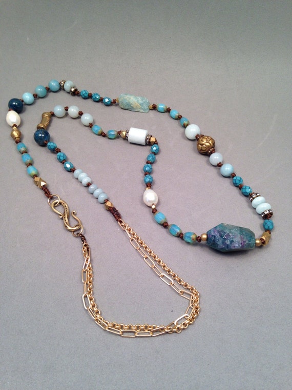 Items similar to Unique hand-knotted silk and chain necklace with semi ...