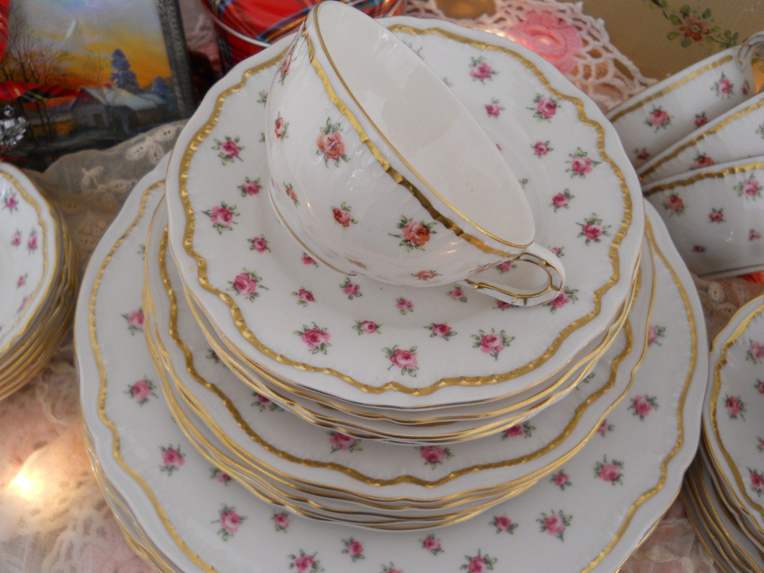 vintage haviland pink roses & gold china wilton pattern theo