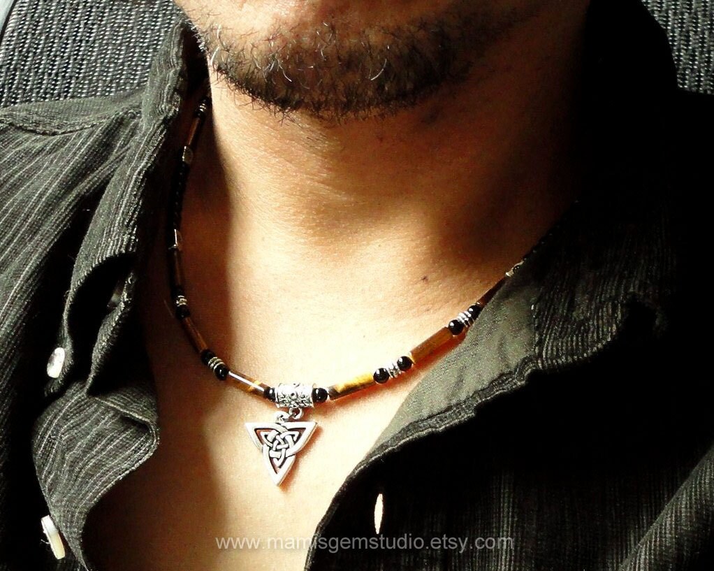 Tiger Eye Black Onyx Necklace for Men Celtic Knot Triquetra