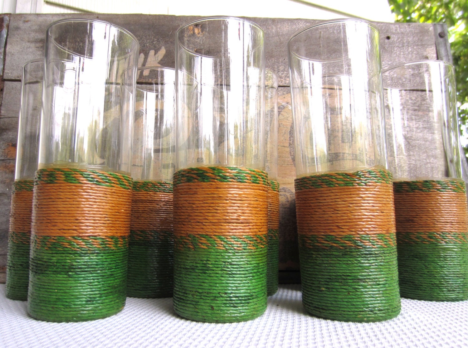 Vintage Mid Century Straw Wrapped Tall Collins Glass Set Of 8 Haute Juice