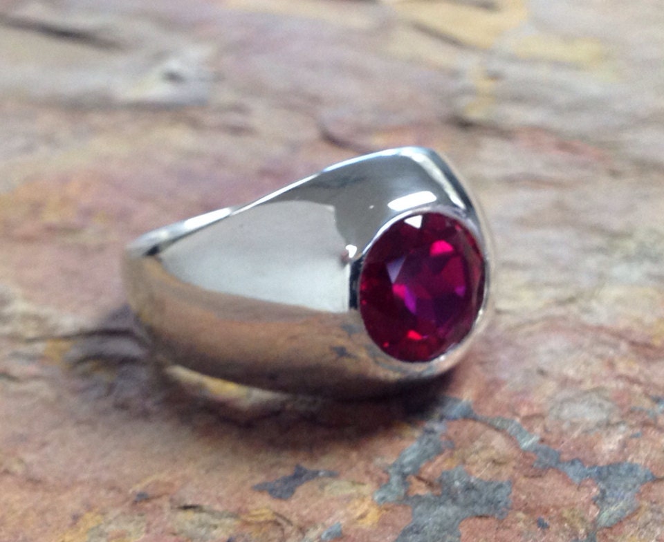 Mens Classic Gypsy style Ruby Ring in Solid heavy Sterling