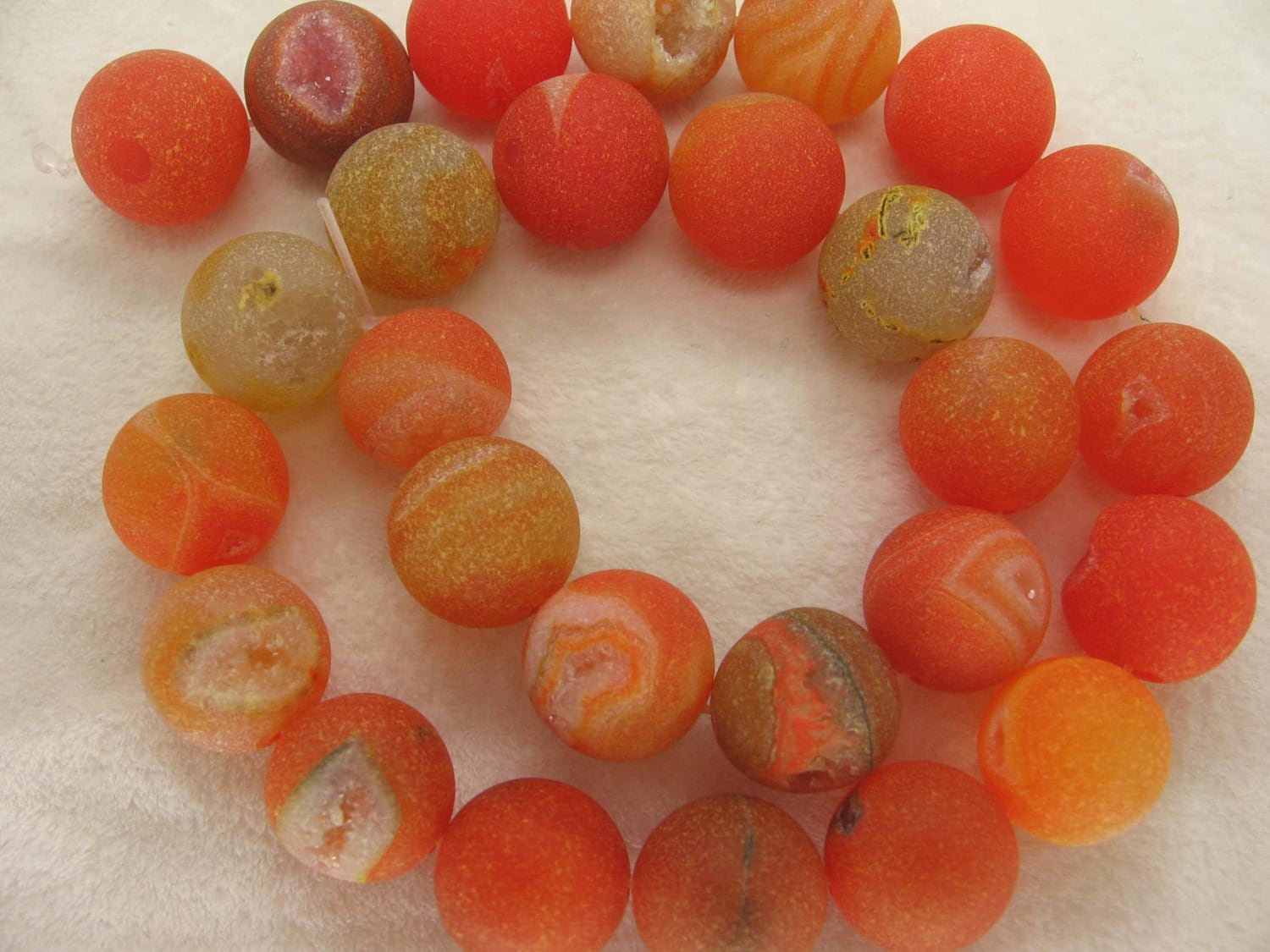 Beautiful Orange Agate Quartz Geode Frosted Round Beads 14mm