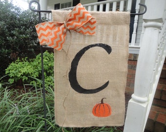 Burlap Fall Pumpkin Monogrammed Garden Flag Chevron Bow