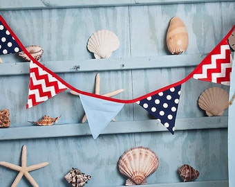 Navy, Red, and Light Blue Fabric Bunting Banner - nautical pennant ...