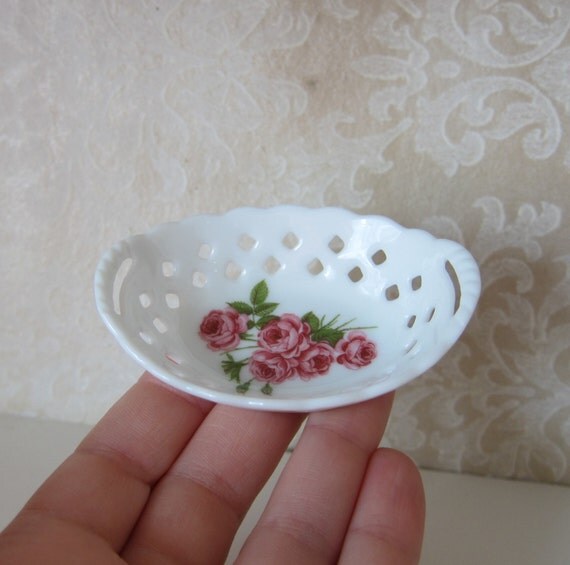 Porcelain Rose Basket Vintage Miniature Reticulated Oval