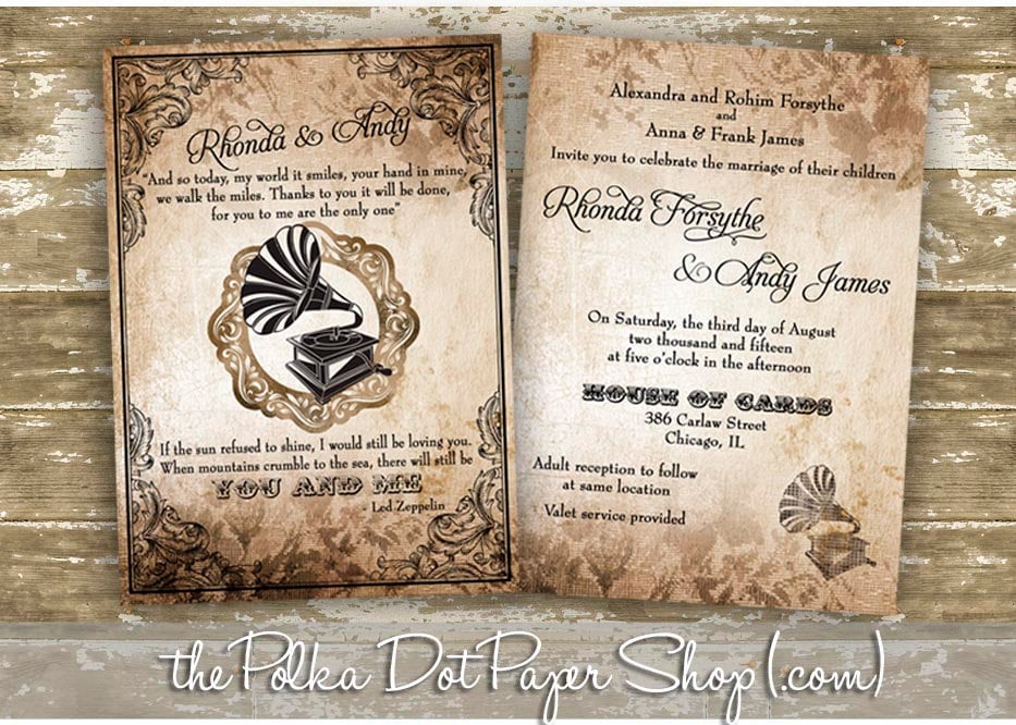 Unique Vintage Gramophone and Led Zeppelin Themed Wedding Invitation ...