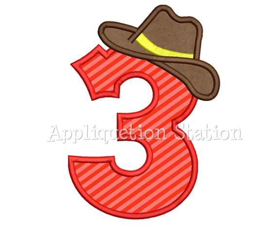 Number Three Cowboy Hat 3rd Birthday Applique Machine