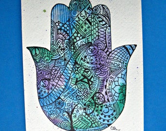 Watercolor card,(No 184), Hamsa, handpainted greeting card, Hamsa Hand ...