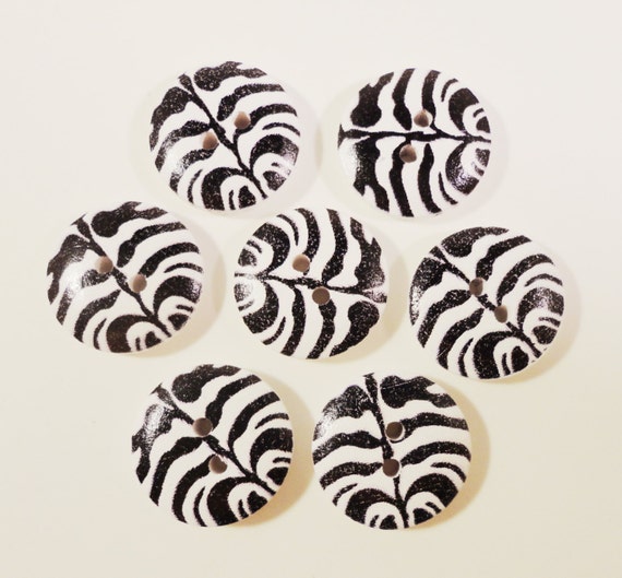 Zebra Print Buttons 18mm Black and White Wood Wooden Painted 2