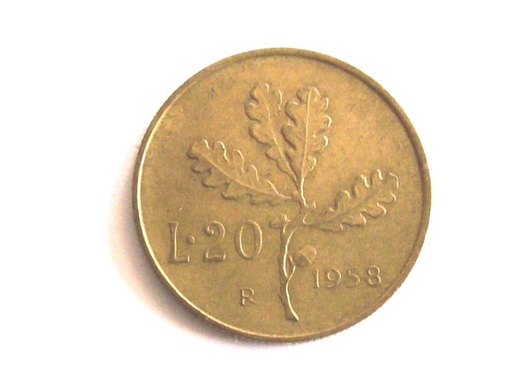 Vintage Italy 1958. lire 20 coin. Repubblica Italiana. Oak