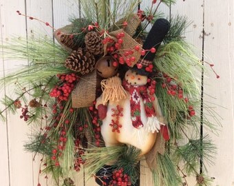 Items similar to Holiday Wreath - Primitive Snowman Wreath - Snowman ...