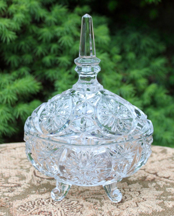 Candy Dish with Lid. Footed Crystal Candy Bowl. Four Feet