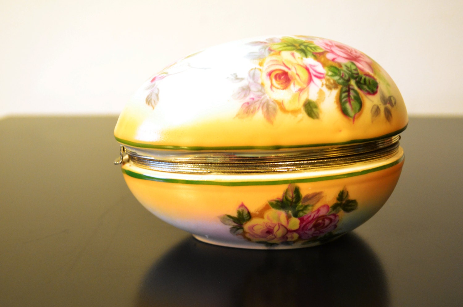 Free Ship Jewelry Box Porcelain Egg Rose Painted Glass Container 6” x 4 ...