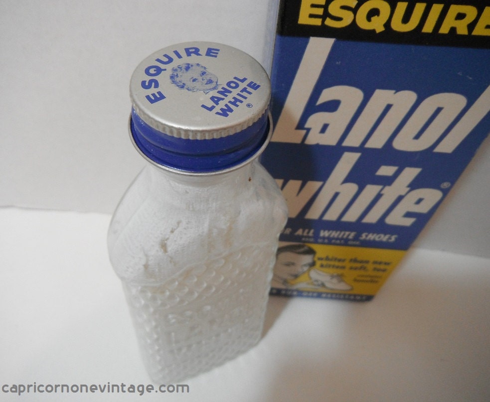 Vintage 1940s Esquire Lanol White Shoe Polish Bottle and Box