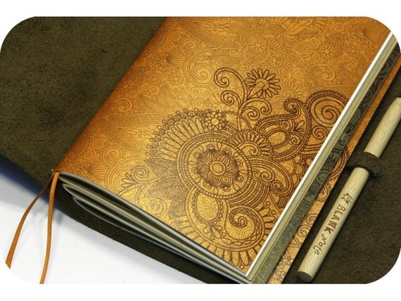 Items similar to Leather Notebook Indian accent -Travel Book motifs ...