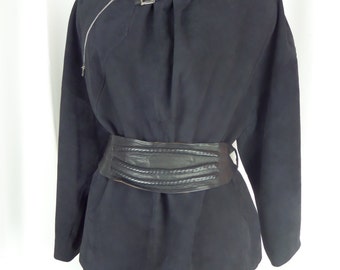 80s black suede straight-jacket pull over/ metal stud detail/ buckle ...