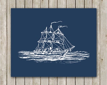Ship Print, 8x10, Instant Download, Nautical Art Print, Navy, Blue ...