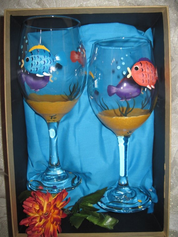 Items similar to Hand Painted Wine Glasses-Tropical Fish Design on Etsy