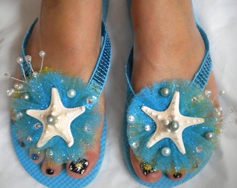 Starfish Flip Flops- Womens size 8/9 Natural starfish, pearl, tulle and ...