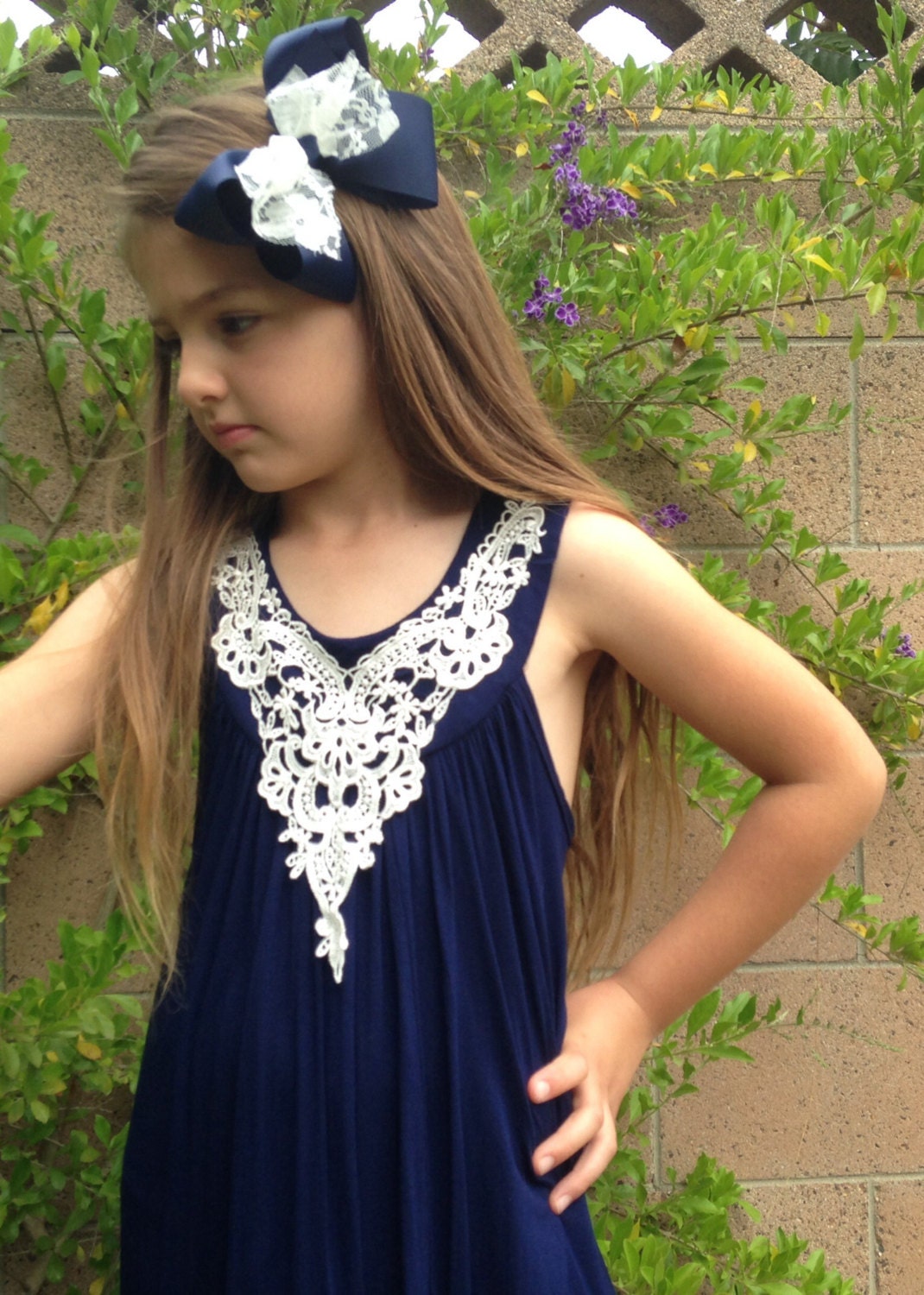 Girls A-Line Navy Blue Dress w/Ivory Appliqué-Sizes 4/5 6/6X