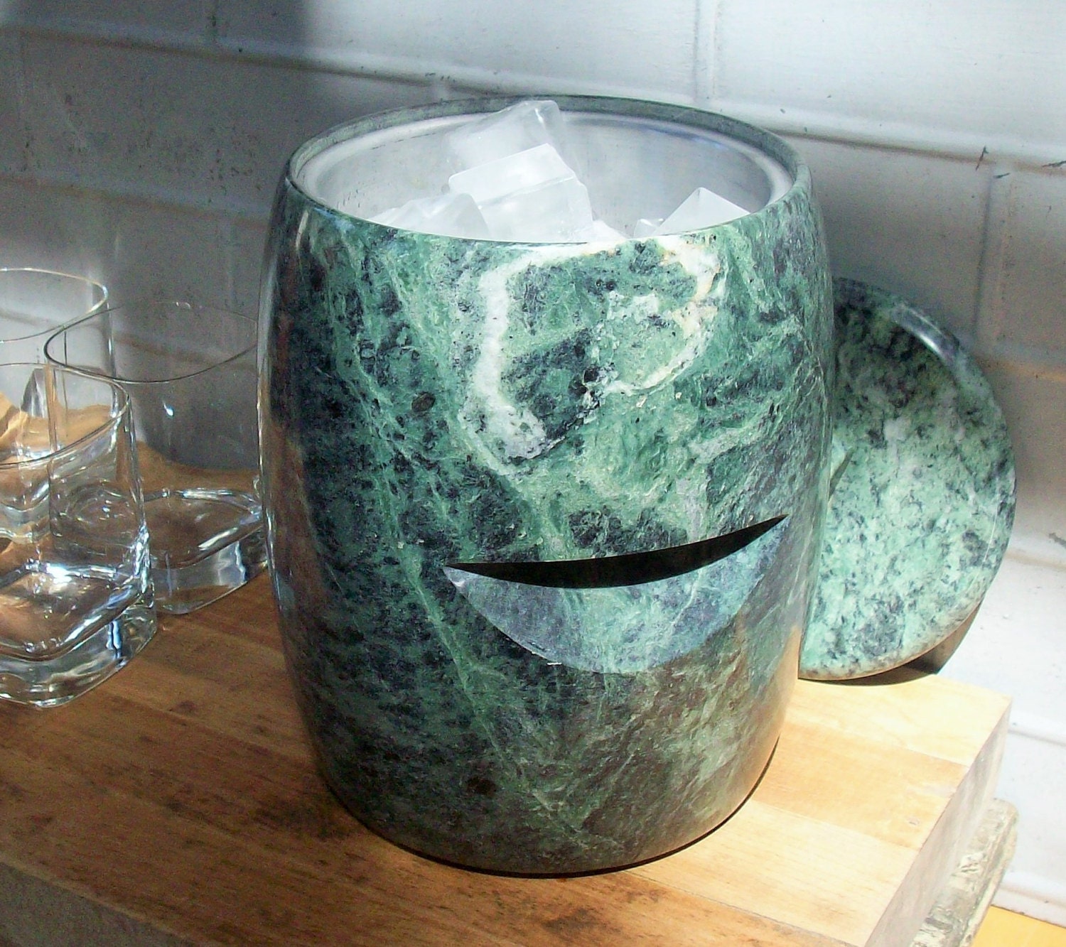 Vintage Authentic Green Marble Ice Bucket / Aluminium liner / Striking ...