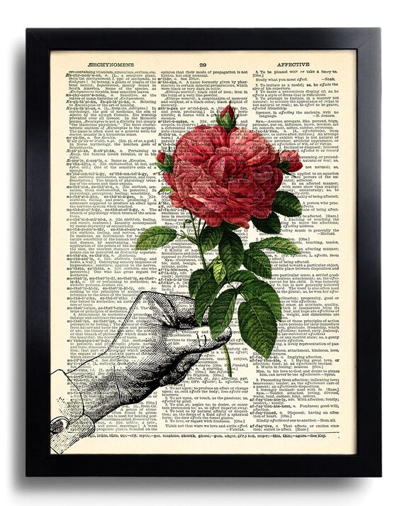Rose Hand Flower Art Print Vintage Book Print Recycled Vintage