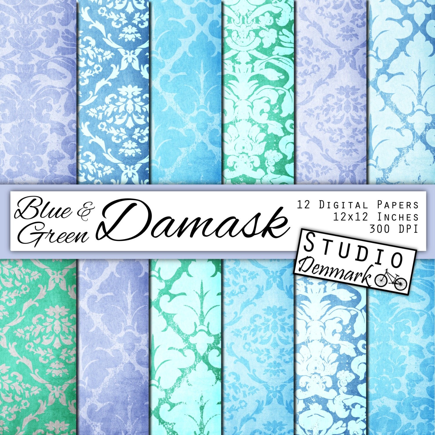 Damask Digital Paper – Blue and Green Shabby Damask – 12 Papers ...