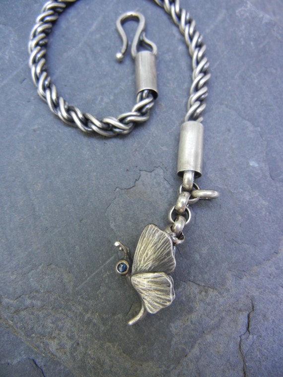 Moth Bracelet on Twisted Rope with Ruby Emerald or Sapphire