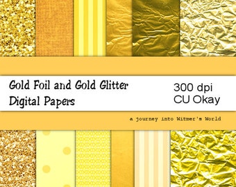 Gold Foil and Gold Glitter Digital Papers, Gold Digital Scrapbook Paper ...