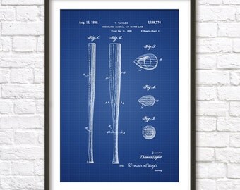 Baseball Bat Blueprint Patent Wall Art Poster