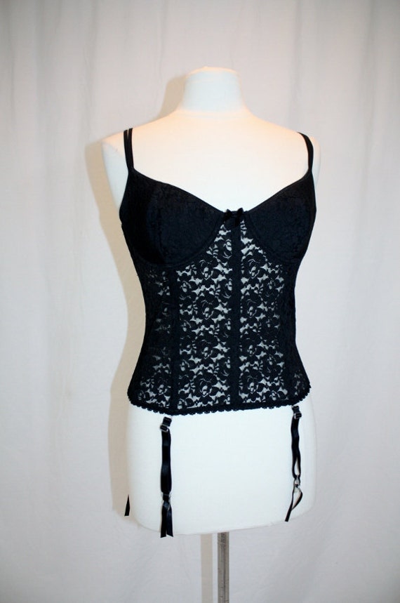 Black Lace Bustier Corset Sexy Size Medium Garters By Retromomo