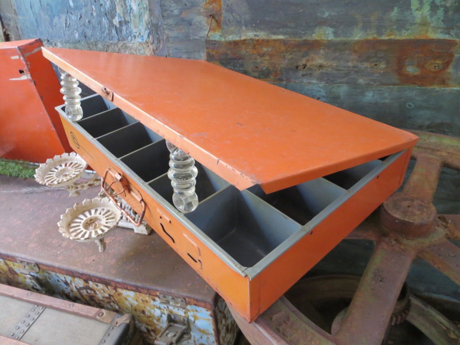 Sturdy Orange Steel Organizer Box, 24 Compartments: Heavy Duty Metal ...