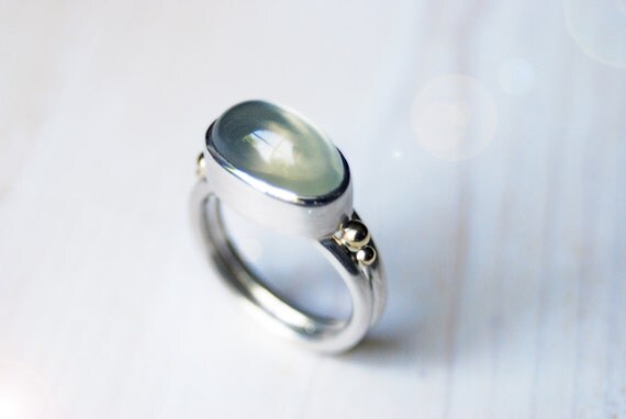 Items similar to green moonstone ring in sterling silver and 14k gold ...