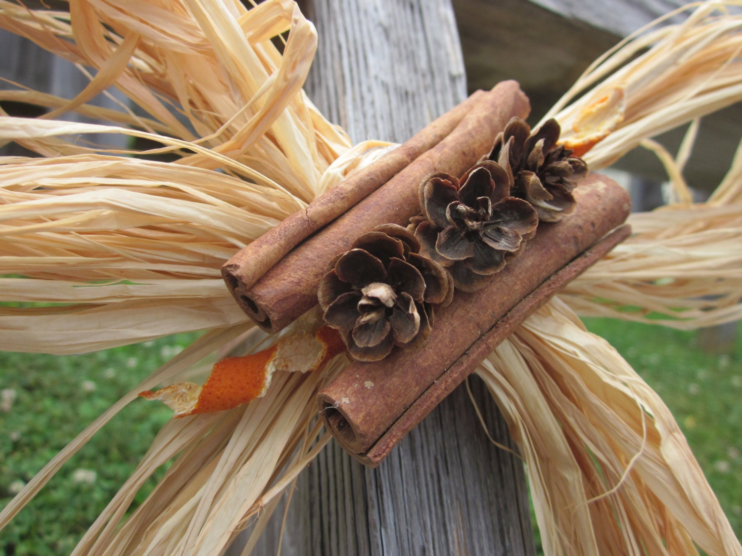 Natural Raffia Bow with Cinnamon Sticks Pine Cones Orange