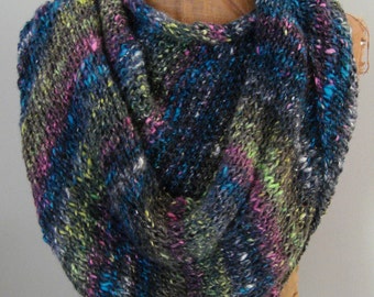 Big Cowl Hood Scarf, Green/ Pink/ Blue/ Gray Variegated Yarn Blend of ...