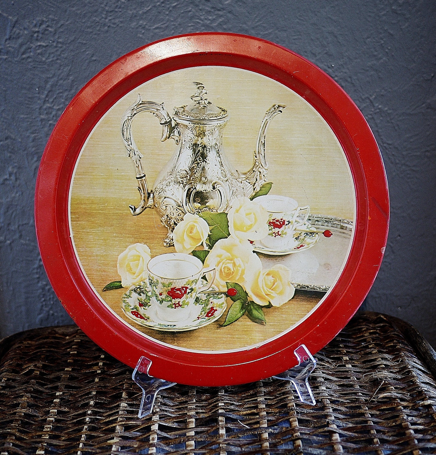 Vintage Red Round Tin Tray with Yellow Roses and Tea Set Print – Made ...