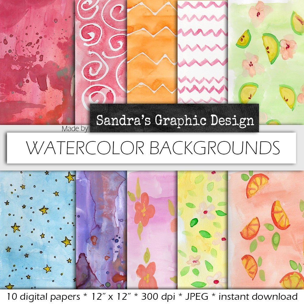Watercolor digital paper: “WATERCOLOR BACKGROUNDS” with handpainted ...