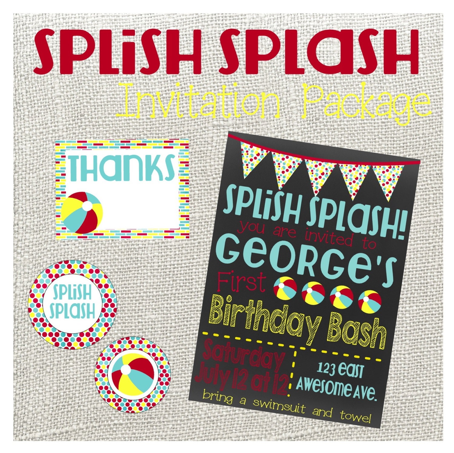 Splish Splash Birthday Bash Invitation Package. Personalized