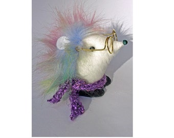 Violet Hedgehog rainbow fur miniature art doll Gonk with knitted scarf ...