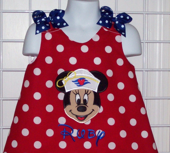Sailor Cruise Minnie Mouse Applique Monogram Red Dot A-line
