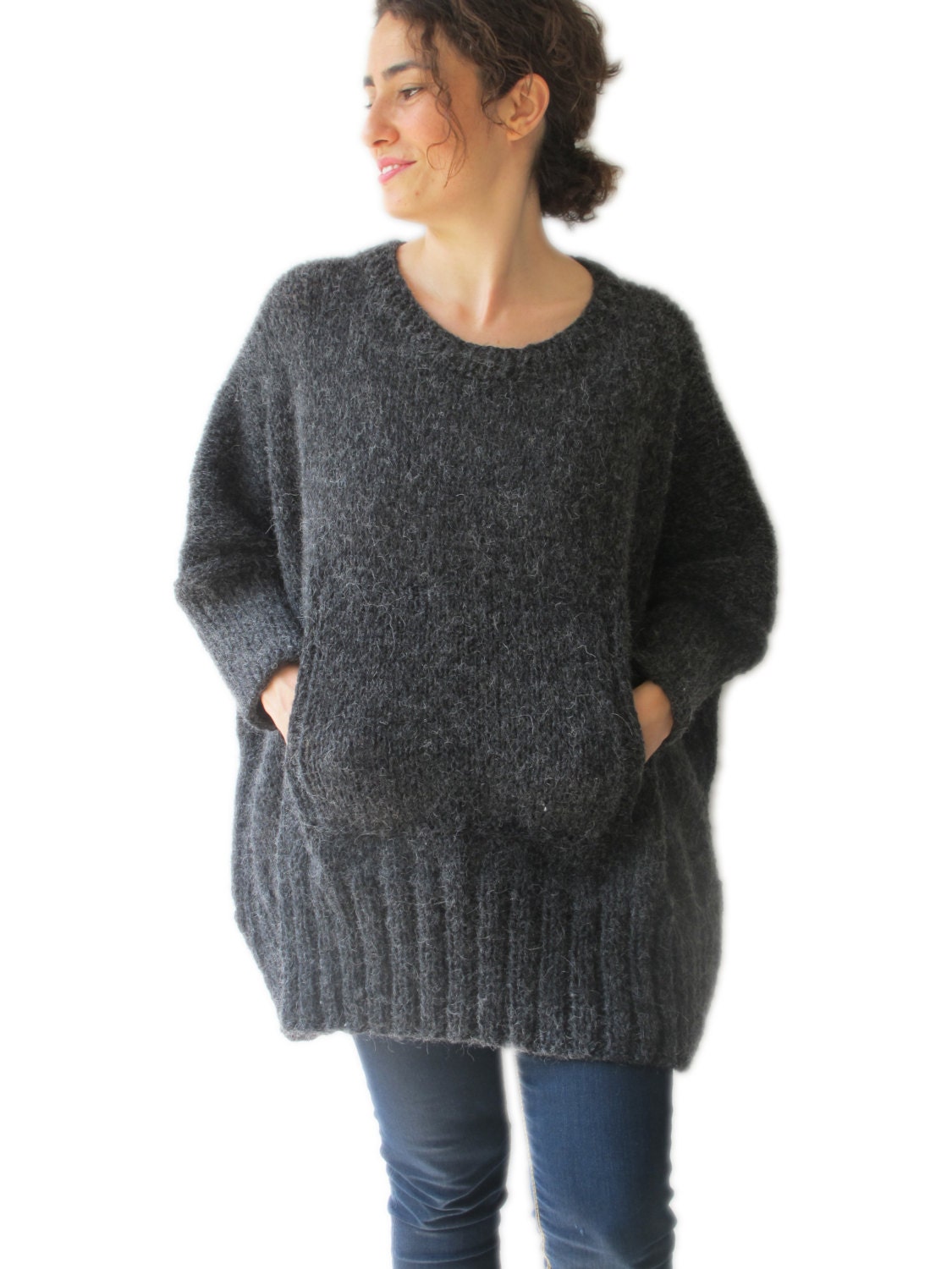 Dark Gray Hand Knitted Sweater with Pocket Plus Size Over by afra