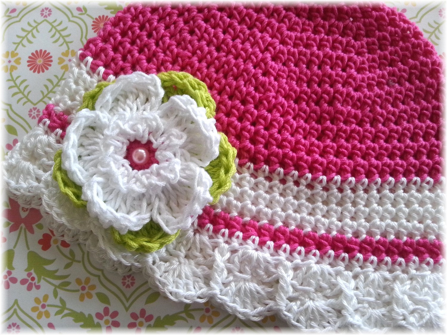 Pink Posey2-Hot Pink-White Striped Crochet-Crochet by mygirlshats