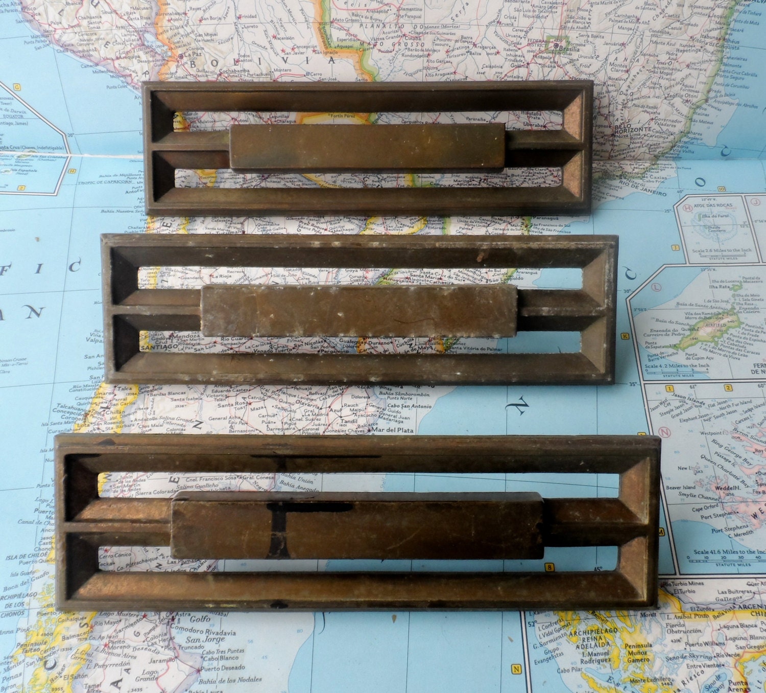 SALE! 3 large mod vintage rectangle distressed brass metal handles ...