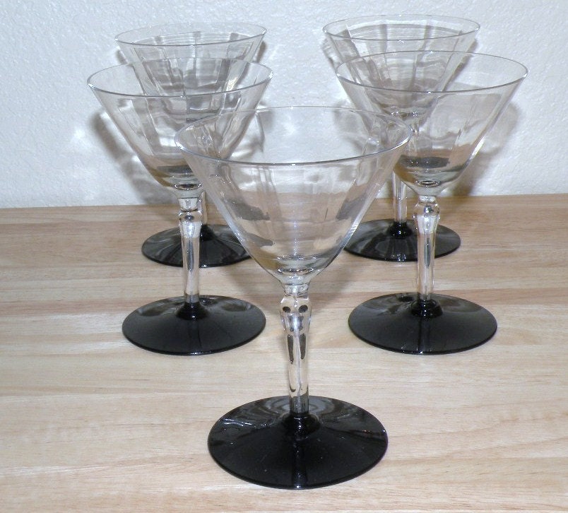 5 Black Amethyst 1930s Champagne Tall Sherbet Glasses Haute Juice